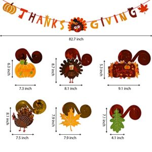 MorTime 31 PCS Thanksgiving Hanging Ceiling Swirl Pendant & Hanging Thanksgiving Banner, Autumn Themed Spiral Turkey Pumpkin Maple Leaves for Thanksgiving Home, School and Party Decorations