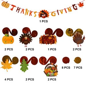 MorTime 31 PCS Thanksgiving Hanging Ceiling Swirl Pendant & Hanging Thanksgiving Banner, Autumn Themed Spiral Turkey Pumpkin Maple Leaves for Thanksgiving Home, School and Party Decorations