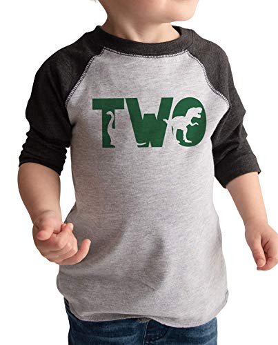 7 ate 9 Apparel Green Two 2 Second 2nd Second Birthday Dinosaur Grey Baseball Shirt T-Shirt 3T