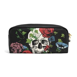 alaza cute pencil case skull rose and leaves pen cases organizer pu leather comestic makeup bag make up pouch, back to school gifts