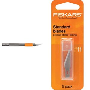 fiskars heavy duty die cast, exacto, 8 inch, precision knife for crafts, multi use blade with protective cover, steel & 196010-1006 standard number 11 blades, 5 pack, orange