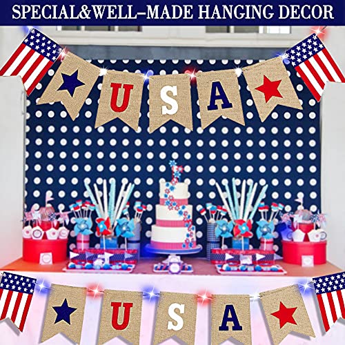 2 Pack American Flag Burlap Banner with Light, 4th of July Decorations US Banner Bunting Red White Blue Lights fourth july Decoration for Home Indoor Outdoor Independence Day Party Supplies