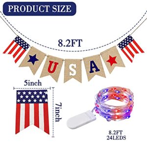 2 Pack American Flag Burlap Banner with Light, 4th of July Decorations US Banner Bunting Red White Blue Lights fourth july Decoration for Home Indoor Outdoor Independence Day Party Supplies