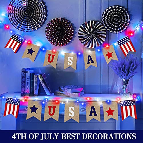 2 Pack American Flag Burlap Banner with Light, 4th of July Decorations US Banner Bunting Red White Blue Lights fourth july Decoration for Home Indoor Outdoor Independence Day Party Supplies