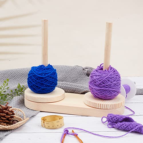 AHANDMAKER Wheat Thread Holder, Spindle Thread Base Fiber Crocheting Tool, Wooden Yarn Spinner with Twirling Mechanism, Double Yarn Ball Holder for Ribbon Tape Rope Storage