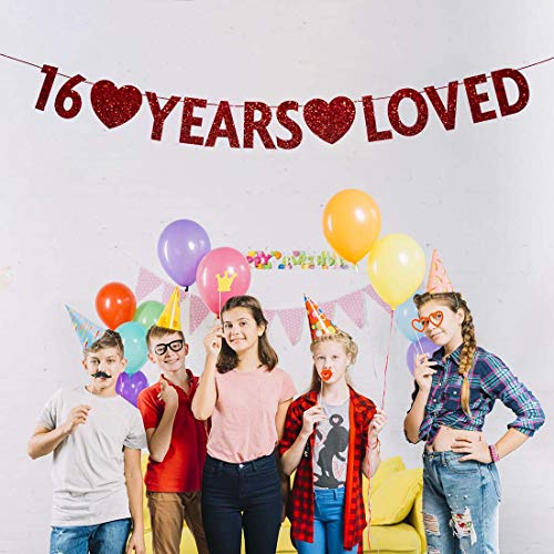 Red 16 Year Loved Banner, Red Glitter Happy 16th Birthday Party Decorations, Supplies