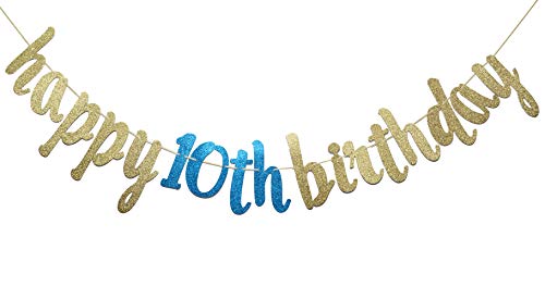 Happy 10th Birthday Glitter Garland Banner-Happy 10th Birthday Party Supplies (Gold & Blue)