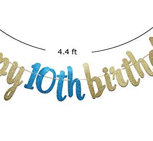 Happy 10th Birthday Glitter Garland Banner-Happy 10th Birthday Party Supplies (Gold & Blue)