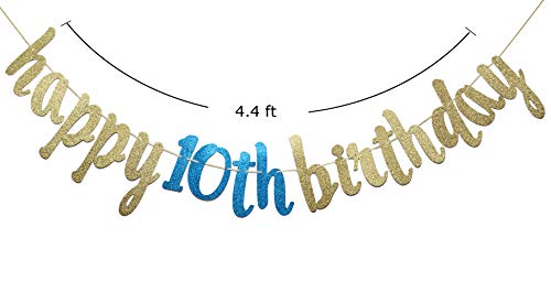 Happy 10th Birthday Glitter Garland Banner-Happy 10th Birthday Party Supplies (Gold & Blue)