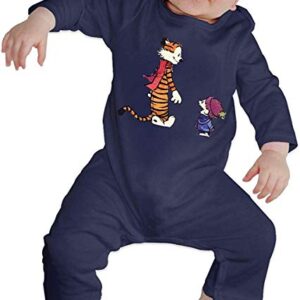 Cute Calvin and Hobbes Long Sleeve Baby Rompers Infant Unisex Footie Bodysuit Navy