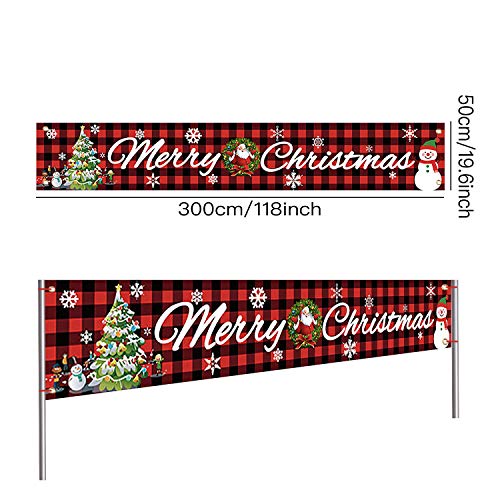 Large Merry Christmas Banner, Red Buffalo Plaid Xmas Sign with Snowman Xmas Tree Pattern for Christmas Party, Outdoor Indoor Decoration, 9.8 x 1.6 Feet (Buffalo Plaid)