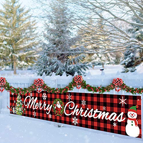 Large Merry Christmas Banner, Red Buffalo Plaid Xmas Sign with Snowman Xmas Tree Pattern for Christmas Party, Outdoor Indoor Decoration, 9.8 x 1.6 Feet (Buffalo Plaid)