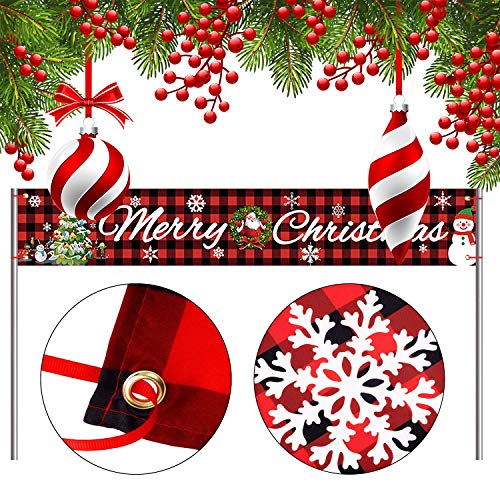 Large Merry Christmas Banner, Red Buffalo Plaid Xmas Sign with Snowman Xmas Tree Pattern for Christmas Party, Outdoor Indoor Decoration, 9.8 x 1.6 Feet (Buffalo Plaid)