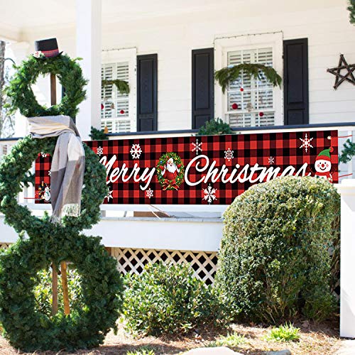 Large Merry Christmas Banner, Red Buffalo Plaid Xmas Sign with Snowman Xmas Tree Pattern for Christmas Party, Outdoor Indoor Decoration, 9.8 x 1.6 Feet (Buffalo Plaid)