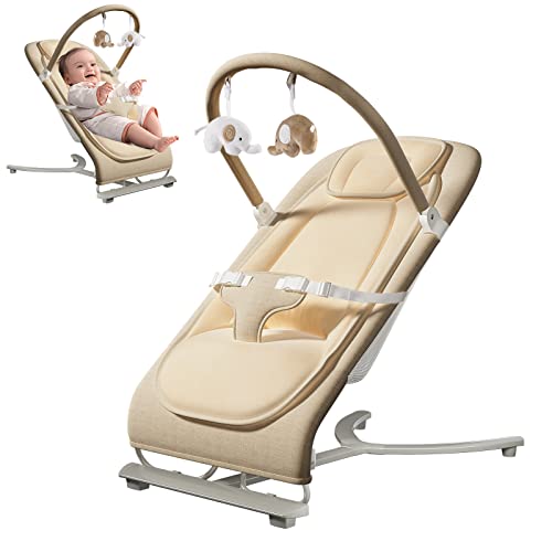 KIDSVIEW Bouncer for Babies, Infant to Toddler Rocker and Baby Bouncer Baby Swing with 3 Seat Positions & Overhead Pillow & Calming Bounce & 3-Point Harness for Newborn Babies (Khaki)