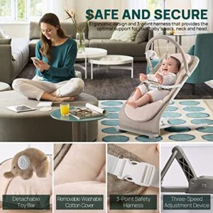 KIDSVIEW Bouncer for Babies, Infant to Toddler Rocker and Baby Bouncer Baby Swing with 3 Seat Positions & Overhead Pillow & Calming Bounce & 3-Point Harness for Newborn Babies (Khaki)