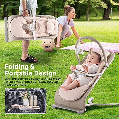 KIDSVIEW Bouncer for Babies, Infant to Toddler Rocker and Baby Bouncer Baby Swing with 3 Seat Positions & Overhead Pillow & Calming Bounce & 3-Point Harness for Newborn Babies (Khaki)