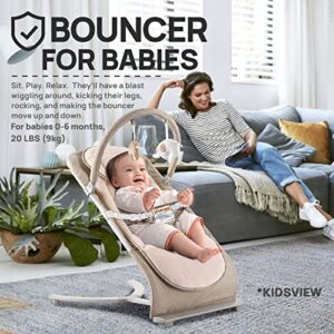 KIDSVIEW Bouncer for Babies, Infant to Toddler Rocker and Baby Bouncer Baby Swing with 3 Seat Positions & Overhead Pillow & Calming Bounce & 3-Point Harness for Newborn Babies (Khaki)