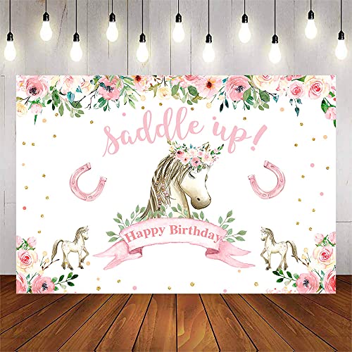 Avezano Horse Birthday Backdrop 7x5ft Pony Girl Birthday Party Background Pink Floral Happy Birthday Decorations Cowgirl Birthday Dessert Table Banner