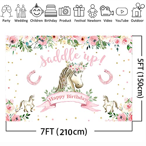 Avezano Horse Birthday Backdrop 7x5ft Pony Girl Birthday Party Background Pink Floral Happy Birthday Decorations Cowgirl Birthday Dessert Table Banner