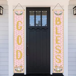 Pink First Communion Decorations God Bless Porch Banner Baptism Front Porch Sign 1st Communion Confirmation Decoration and Supplies for Girls-12×71''