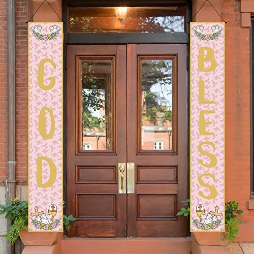 Pink First Communion Decorations God Bless Porch Banner Baptism Front Porch Sign 1st Communion Confirmation Decoration and Supplies for Girls-12×71''