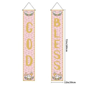 Pink First Communion Decorations God Bless Porch Banner Baptism Front Porch Sign 1st Communion Confirmation Decoration and Supplies for Girls-12×71''