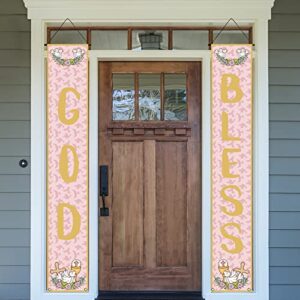 Pink First Communion Decorations God Bless Porch Banner Baptism Front Porch Sign 1st Communion Confirmation Decoration and Supplies for Girls-12×71''