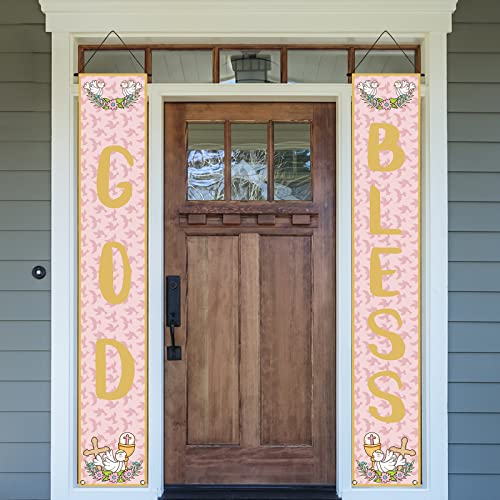 Pink First Communion Decorations God Bless Porch Banner Baptism Front Porch Sign 1st Communion Confirmation Decoration and Supplies for Girls-12×71''