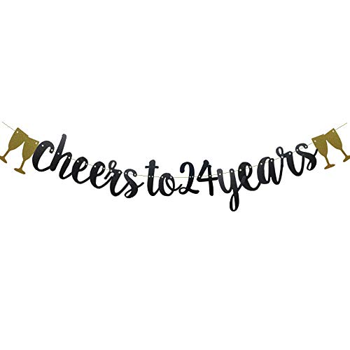 Cheers To 24 Years Banner,Pre-Strung, Black Paper Glitter Party Decorations For 24TH Wedding Anniversary 24 Years Old 24TH Birthday Party Supplies Letters Black ZHAOFEIHN