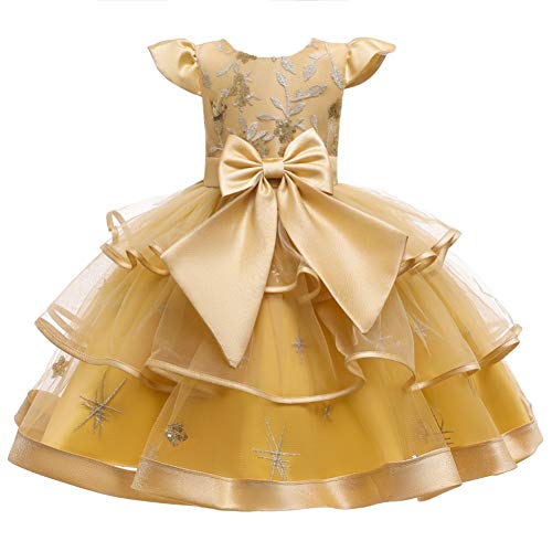 HIHCBF Baby Girls Bowknot Flower Dresses Embroidery Tulle Pageant Party Wedding Princess Birthday Ruffled Tutu Ball Gowns Yellow 4-5T