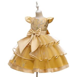 HIHCBF Baby Girls Bowknot Flower Dresses Embroidery Tulle Pageant Party Wedding Princess Birthday Ruffled Tutu Ball Gowns Yellow 4-5T