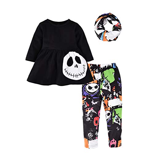 Toddler Baby Girl Halloween Outfit 3PCS Skull Tunic Dress + Leggings + Infinity Scarf Clothes Set (Black, 18-24 Months)