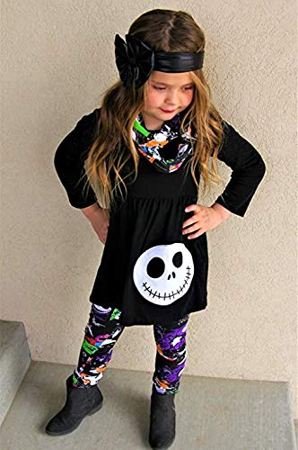 Toddler Baby Girl Halloween Outfit 3PCS Skull Tunic Dress + Leggings + Infinity Scarf Clothes Set (Black, 18-24 Months)