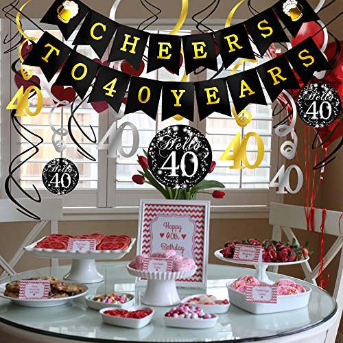 40th Birthday Decorations Kit- Konsait Cheers to 40 Years Banner Swallowtail Bunting Garland Sparkling Celebration 40 Hanging Swirls,Perfect 40 Years Old Party Supplies 40th Anniversary Decorations