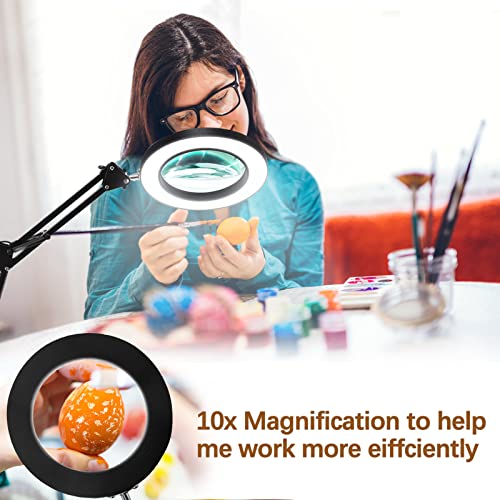 10X Magnifying Glass with Light, Lighted Magnifying Glass Magnifying Lamp 3 Color Modes Stepless Dimmable, 72 LEDs Real Glass Lens Magnifier with Light and Stand for Close Work, Repair, Reading, Craft