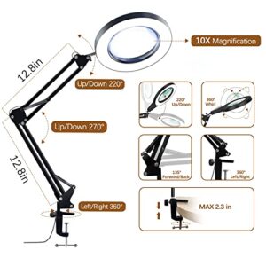 10X Magnifying Glass with Light, Lighted Magnifying Glass Magnifying Lamp 3 Color Modes Stepless Dimmable, 72 LEDs Real Glass Lens Magnifier with Light and Stand for Close Work, Repair, Reading, Craft