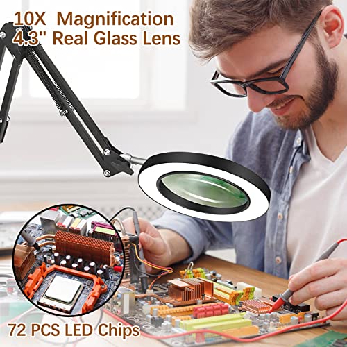 10X Magnifying Glass with Light, Lighted Magnifying Glass Magnifying Lamp 3 Color Modes Stepless Dimmable, 72 LEDs Real Glass Lens Magnifier with Light and Stand for Close Work, Repair, Reading, Craft