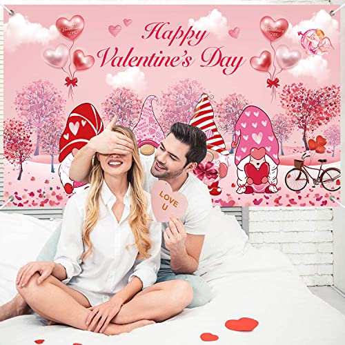 Large Valentine's Day Backdrop Banner, Valentines Wall Gnome Love Heart Tree Backdrop, Happy Valentines Day Banner for Valentine Party Supplies Wedding Propose Marriage Decoration (72.8 * 43.3Inchs).