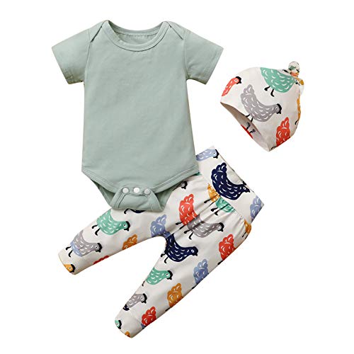 Shan-S Newborn Infant Baby Boys Girls Romper Bodysuit T-Shirt Top+Cartoon Chicken Printed Pants Hat 3PCS Outfits Set Green 3-6 Months