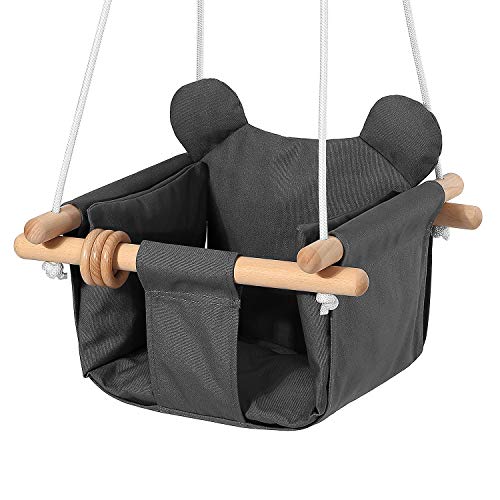 Mlian Secure Canvas and Wooden Baby Hanging Swing Seat Chair Indoor and Outdoor Hammock Backyard Outside Swing Kids Toys Swings 6-36 Months with Ear Décor Cushion and Natural Wooden Ring, Grey