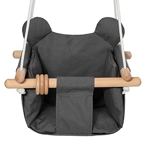 Mlian Secure Canvas and Wooden Baby Hanging Swing Seat Chair Indoor and Outdoor Hammock Backyard Outside Swing Kids Toys Swings 6-36 Months with Ear Décor Cushion and Natural Wooden Ring, Grey