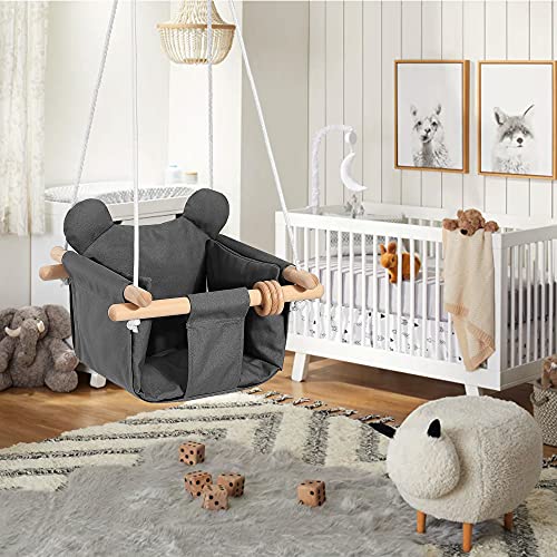 Mlian Secure Canvas and Wooden Baby Hanging Swing Seat Chair Indoor and Outdoor Hammock Backyard Outside Swing Kids Toys Swings 6-36 Months with Ear Décor Cushion and Natural Wooden Ring, Grey