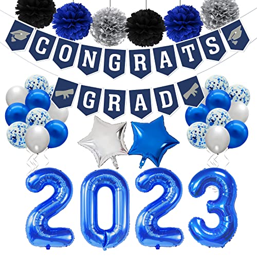 Blue and White Graduation Decorations 2023 Blue Graduation Decorations Class of 2023 Blue Graduation Party Decorations 2023 Congrats Grad Banner for Graduation Party Decorations 2023