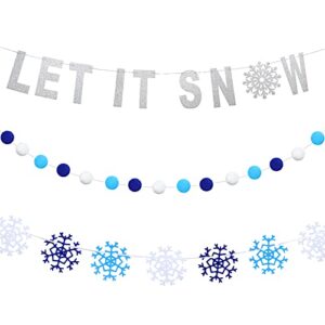 silver glitter let it snow banner winter snowflake garland banner wool felt ball garland pom pom garland for christmas holiday party decorations