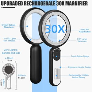 Arsir Rechargeable Magnifying Glass with Light, 30X 4.7IN Handheld Large Lightweight Lighted Magnify Lens 21 LED 3 Modes Illuminated Book Magnifier for Kids,Seniors,Reading,Inspection,Coin,Jewelry