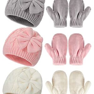 SATINIOR 6 Pieces Baby Winter Hats Infant Winter Warm Knitted Hat Gloves Set Toddler Beanie Mitten Gloves Set Newborn Baby Classic Beanie Warm Knitted Hats with Bow, Gray, White and Pink