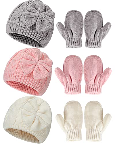 SATINIOR 6 Pieces Baby Winter Hats Infant Winter Warm Knitted Hat Gloves Set Toddler Beanie Mitten Gloves Set Newborn Baby Classic Beanie Warm Knitted Hats with Bow, Gray, White and Pink