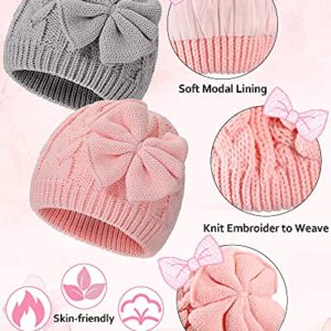 SATINIOR 6 Pieces Baby Winter Hats Infant Winter Warm Knitted Hat Gloves Set Toddler Beanie Mitten Gloves Set Newborn Baby Classic Beanie Warm Knitted Hats with Bow, Gray, White and Pink