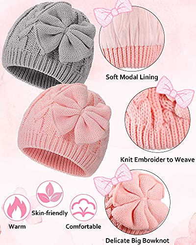 SATINIOR 6 Pieces Baby Winter Hats Infant Winter Warm Knitted Hat Gloves Set Toddler Beanie Mitten Gloves Set Newborn Baby Classic Beanie Warm Knitted Hats with Bow, Gray, White and Pink